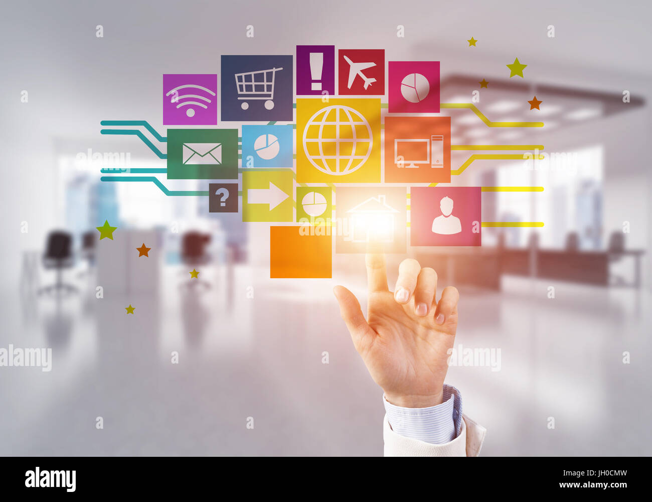 Modern office interior and close of businesswoman hand choosing icon on ...