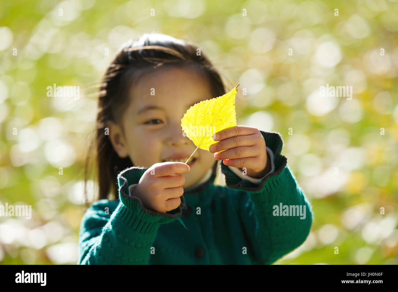 Portrait of girl watching fallen leaf in hand Stock Photo - Alamy