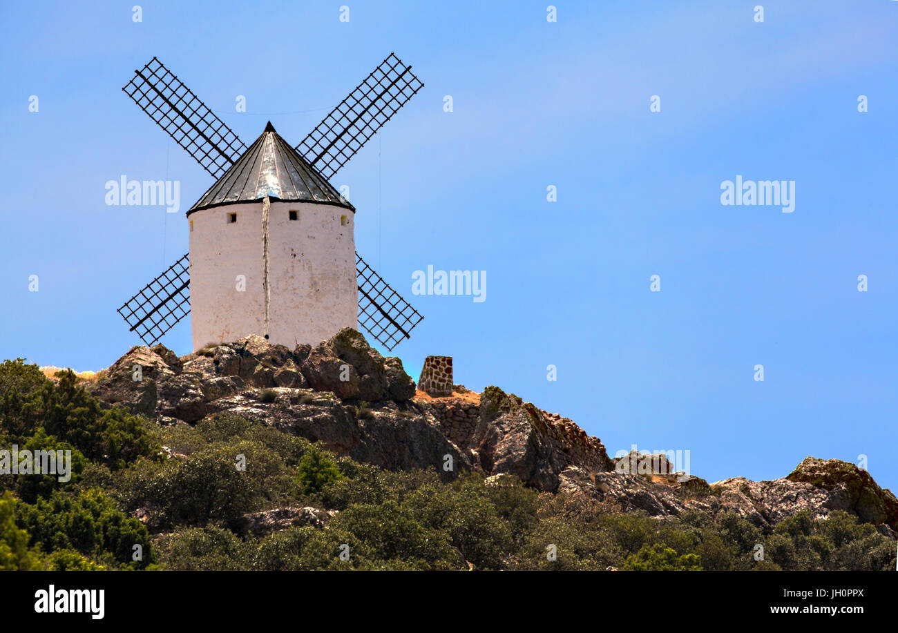 Windmills above the plains of La Mancha in the Castilla-La-Mancha ...