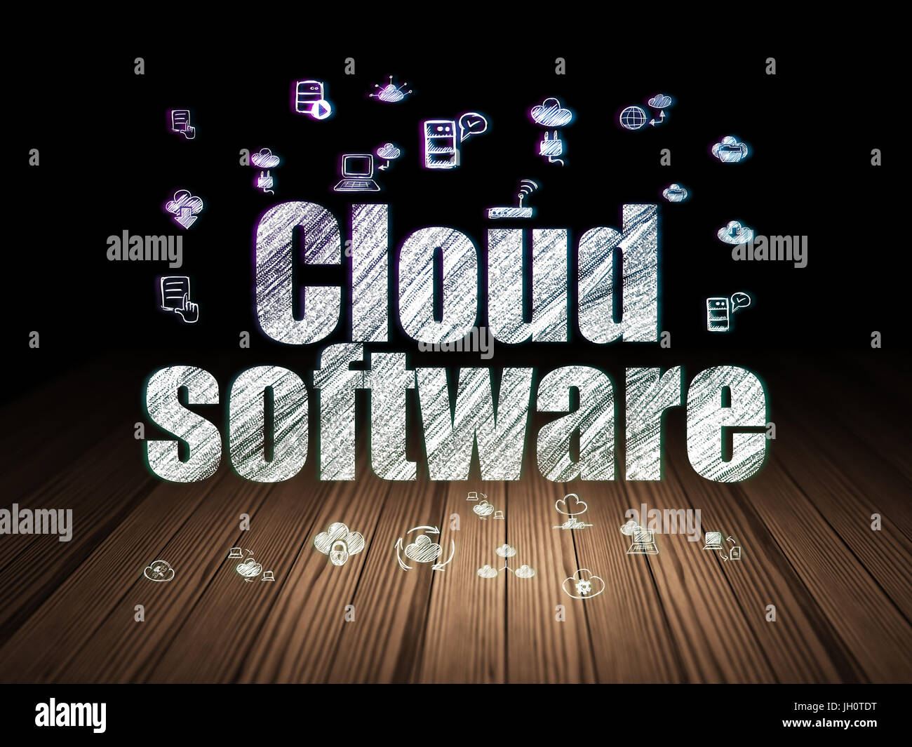 Cloud networking concept: Cloud Software in grunge dark room Stock ...