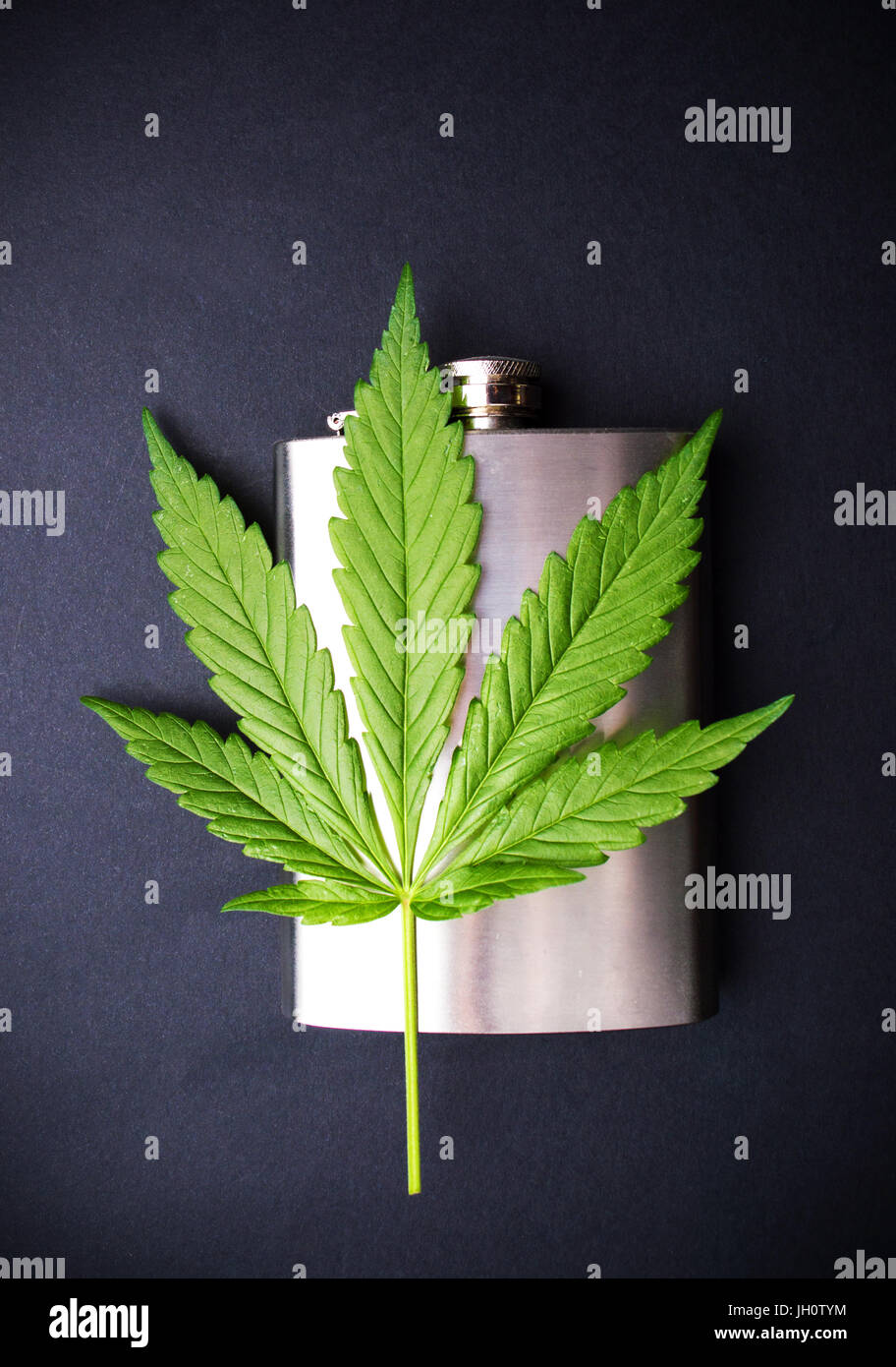 Marijuana leaf on a metal hip flask Stock Photo - Alamy