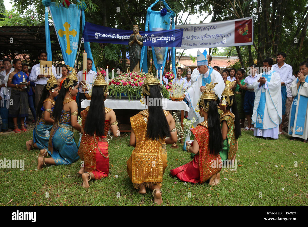 Assumption celebration outside Battambang catholic church, Battambang ...