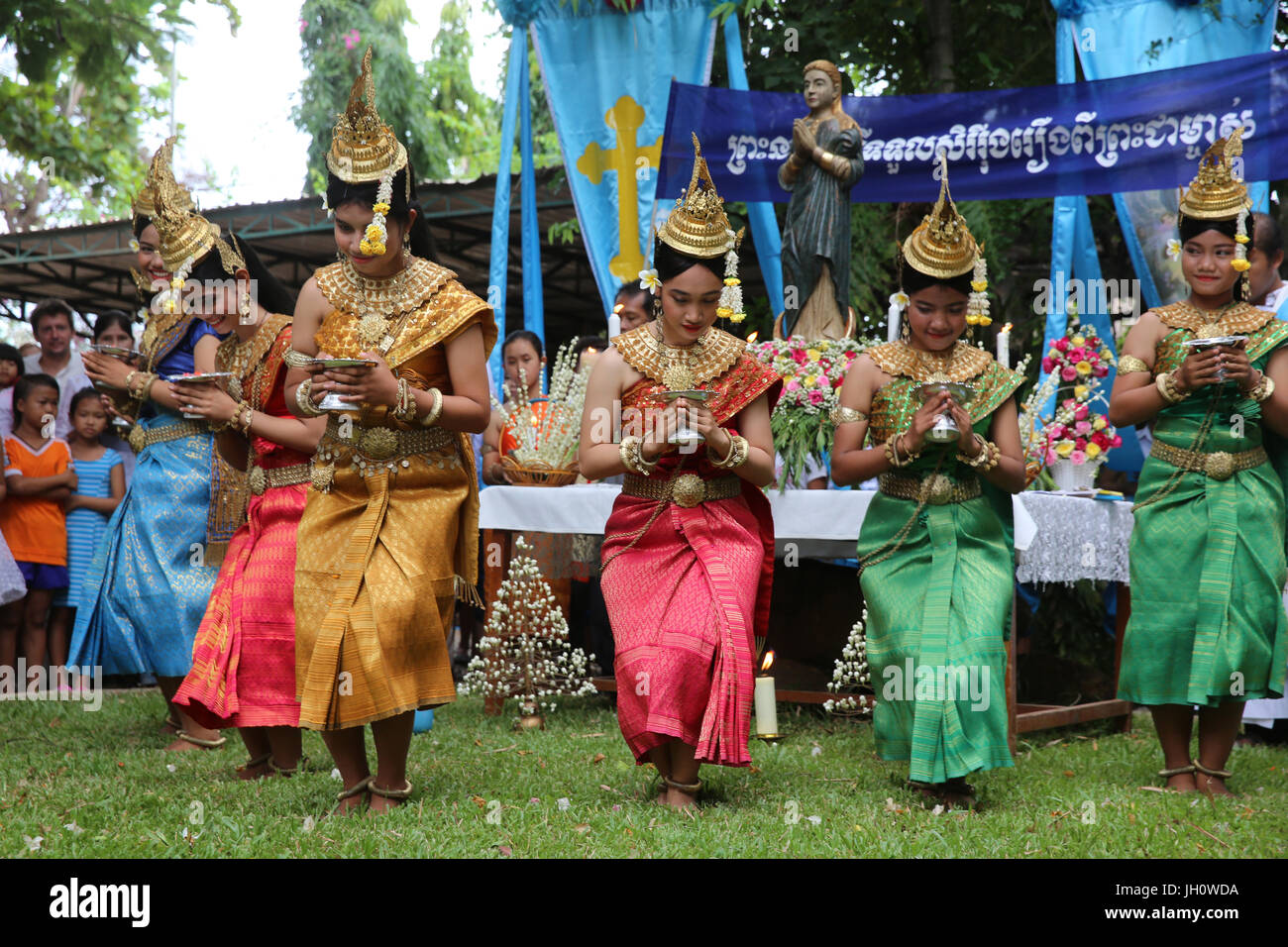 Assumption celebration outside Battambang catholic church, Battambang ...