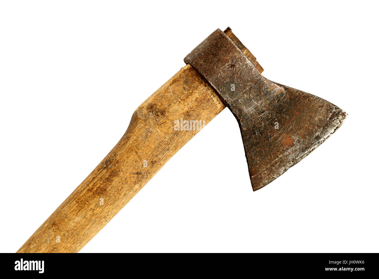 Old ax with a wooden handle close-up, isolated on a white background ...