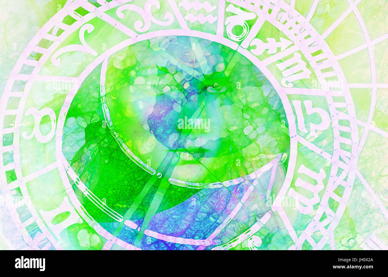 astrological symbol Zodiac. Abstract color background. Computer collage ...