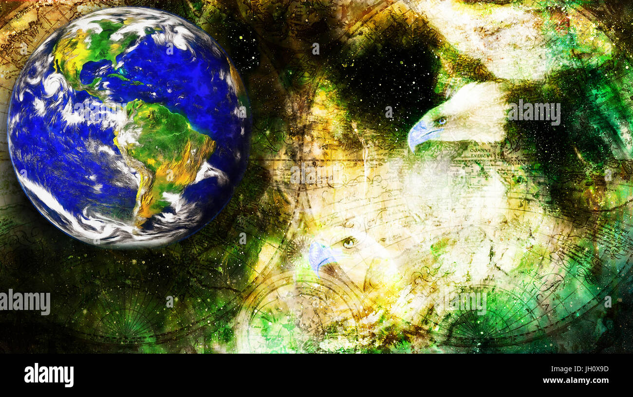 Eagle and planet earth and old map in cosmic space Stock Photo - Alamy