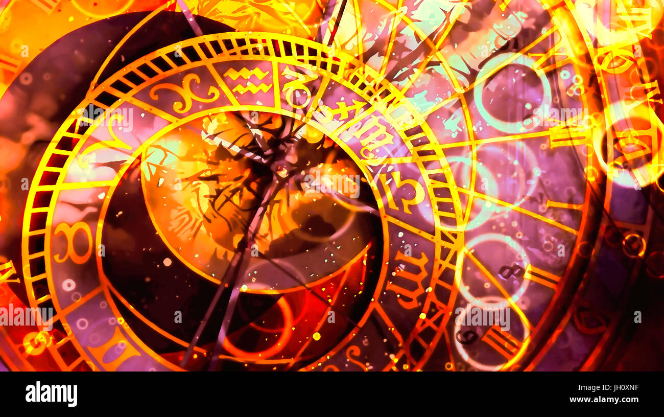 astrological symbol Zodiac. Abstract color background. Computer collage ...