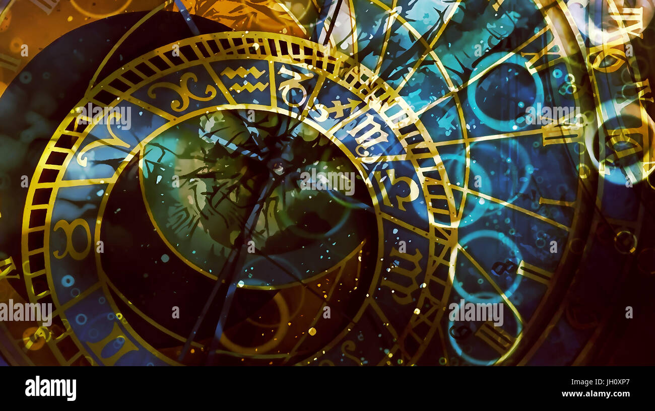 astrological symbol Zodiac. Abstract color background. Computer collage ...