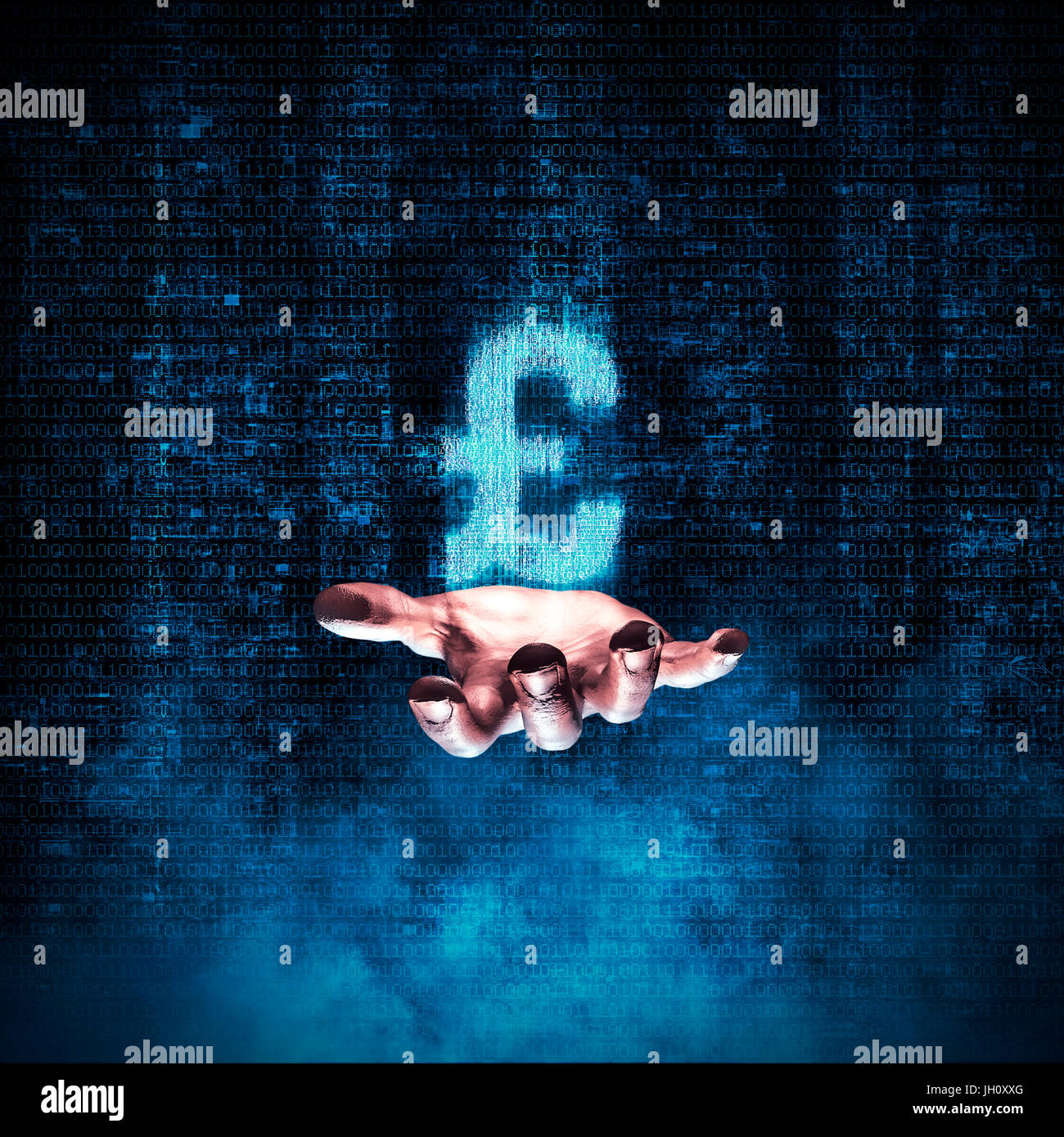 Binary pound hand / 3D illustration of glowing pound symbol formed by ...