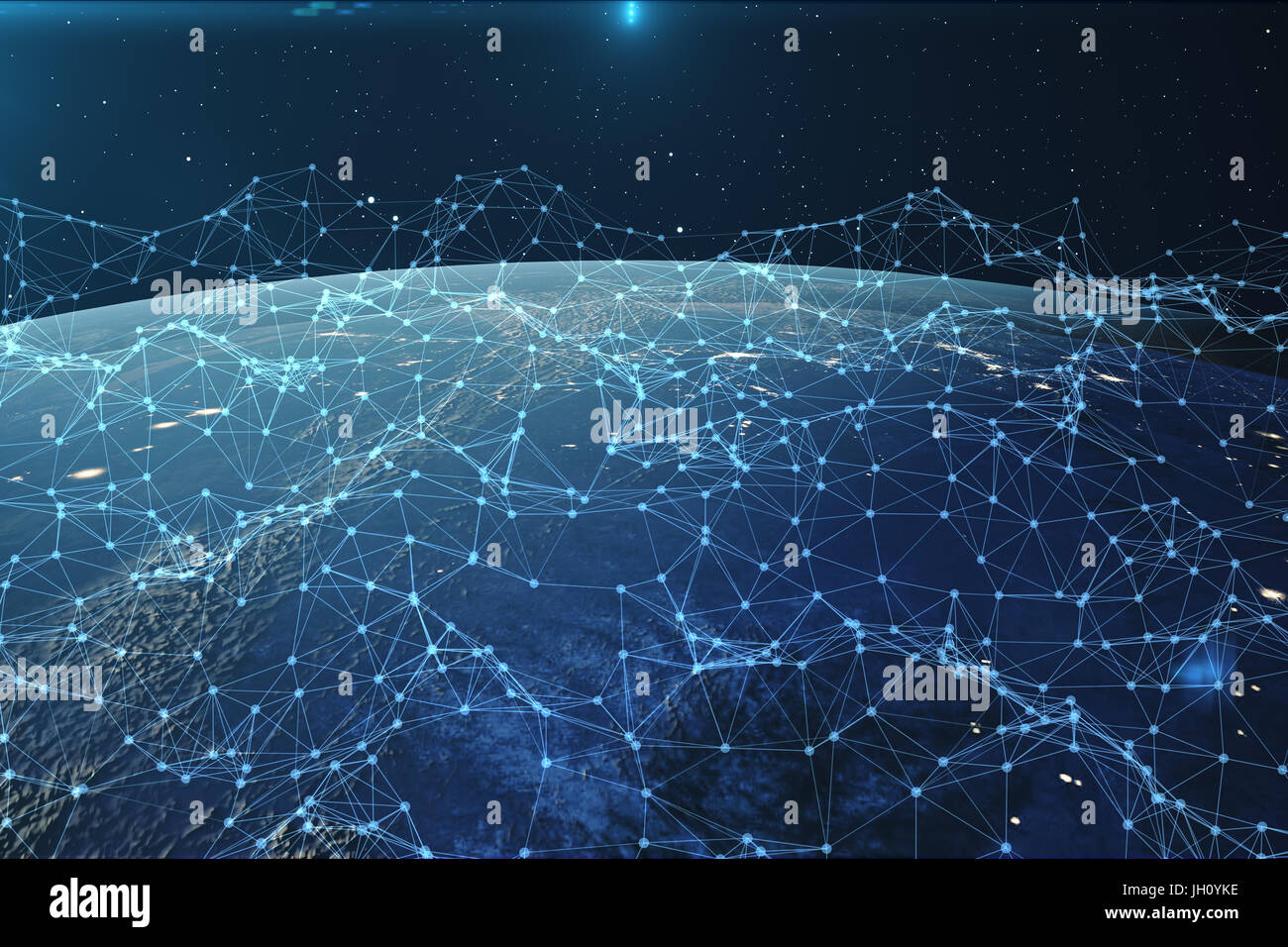 3D rendering Network and data exchange over planet earth in space. Connection lines Around Earth ...
