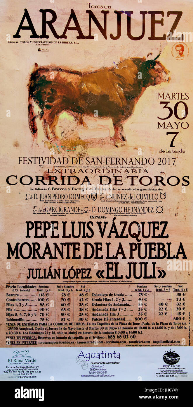 Poster advertising the bullfight in Aranjuez Spain Stock Photo - Alamy