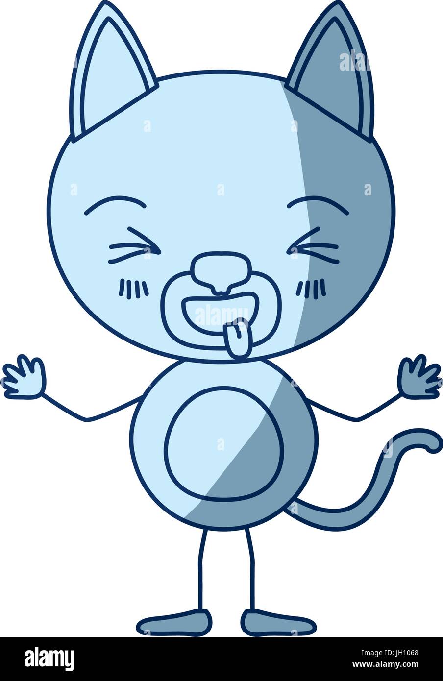 blue color shading silhouette caricature of cute cat disgust expression ...