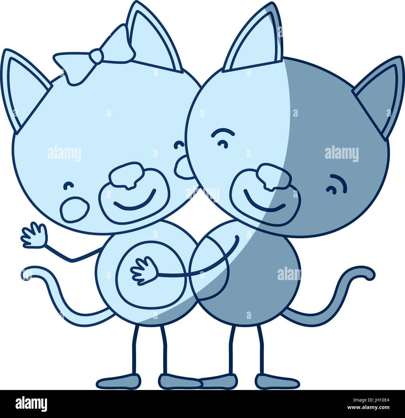 blue color shading silhouette caricature with couple of cats embraced ...