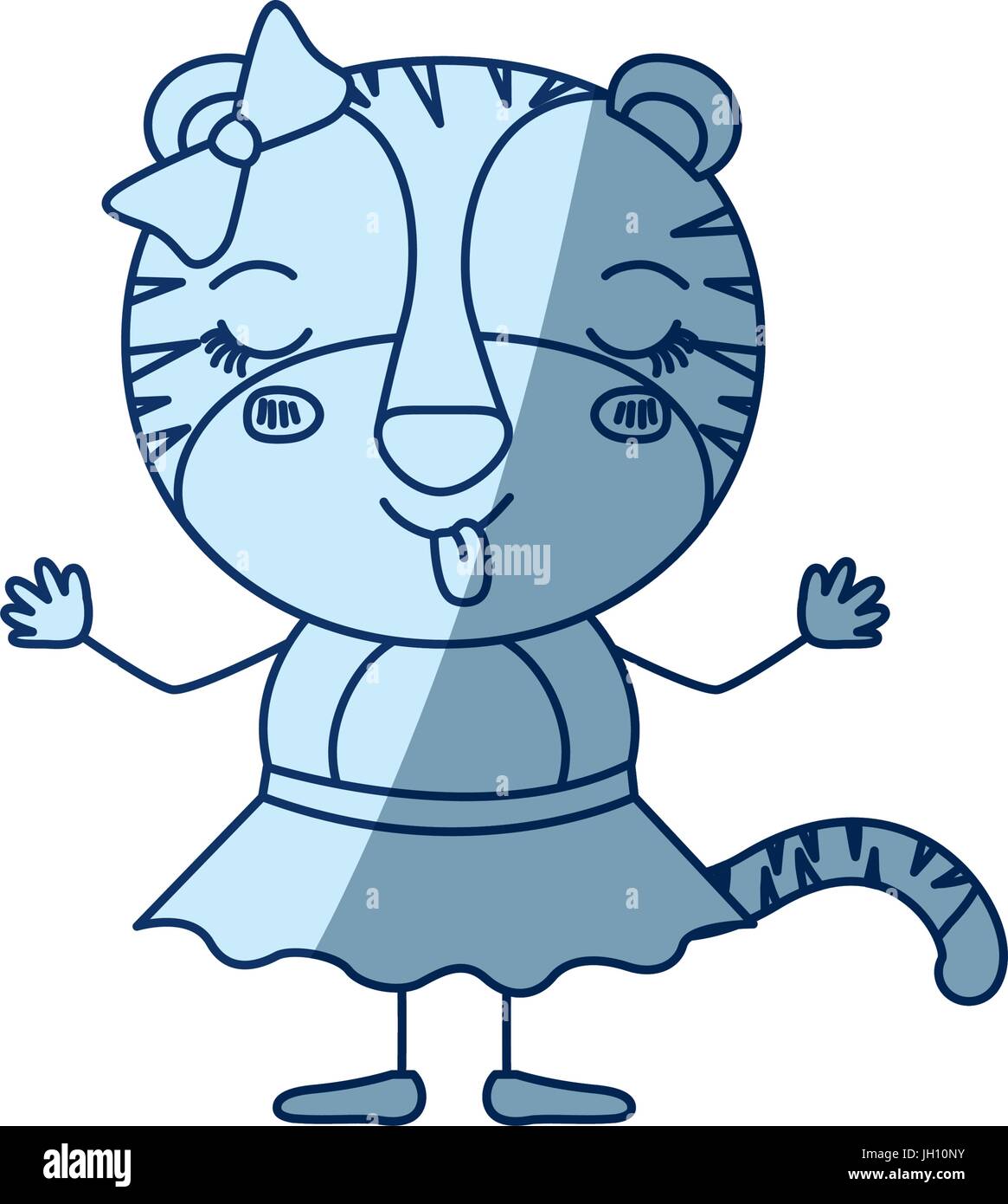 blue color shading silhouette caricature of cute female tigress in ...
