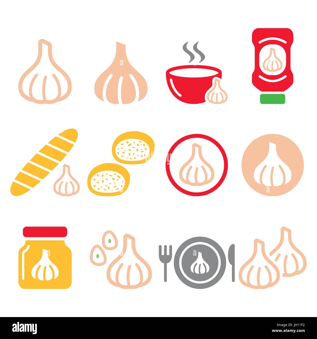 Garlic, food icons set - garlic sauce, soup and bread vector designs ...