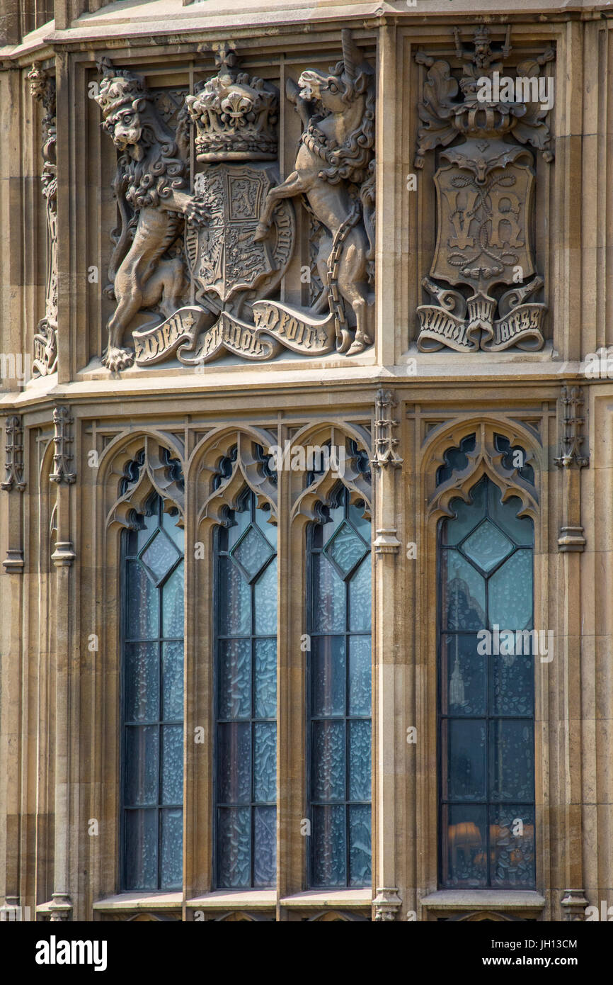 A close-up shot of the exterior of the Palace of Westminster in London ...