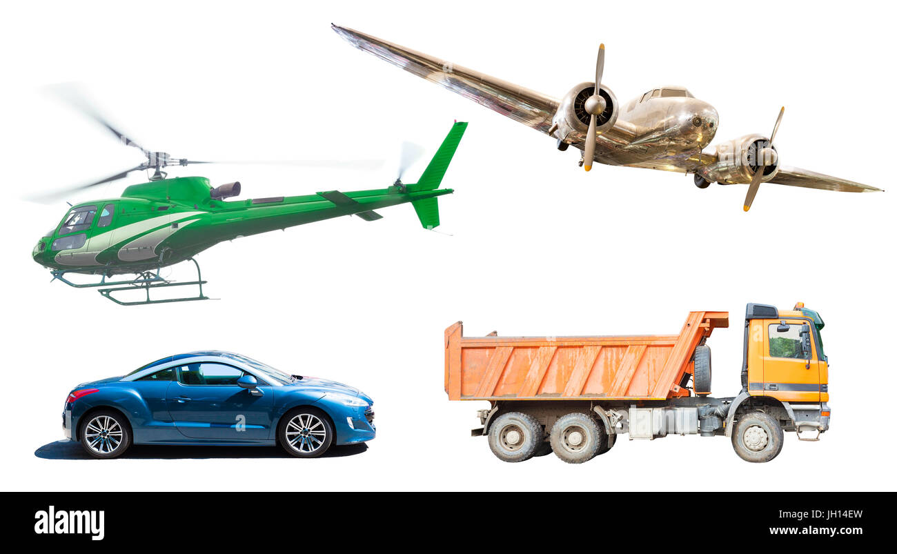 transportation set of car helicopter airplane and truck isolated on a ...