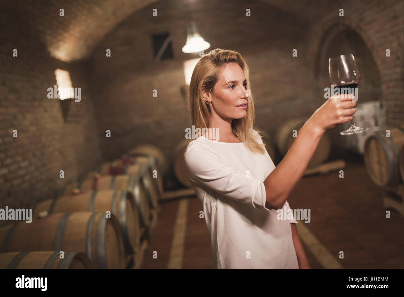 Beautiful woman oenologist tasting wine Stock Photo - Alamy