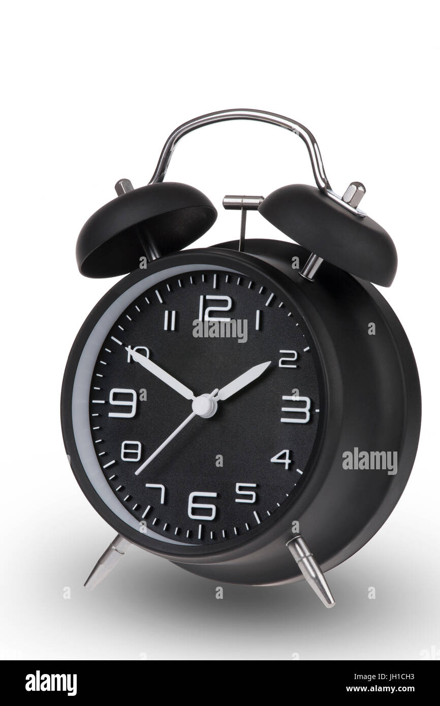 Black alarm clock with the hands at 10 and 2 am or pm isolated on a ...