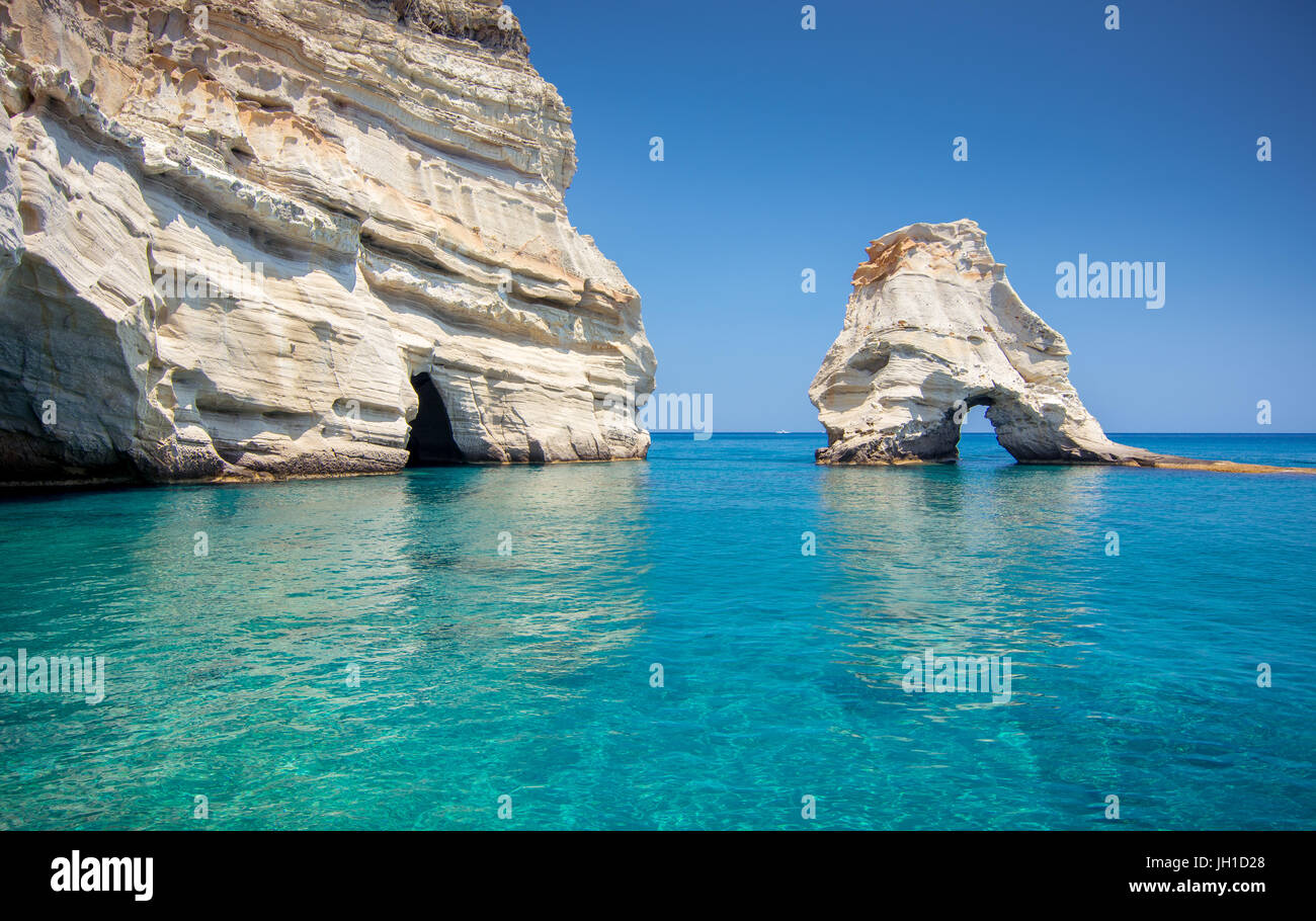 Rock formations and sea caves at Kleftiko shoreline in Milos, Greece ...