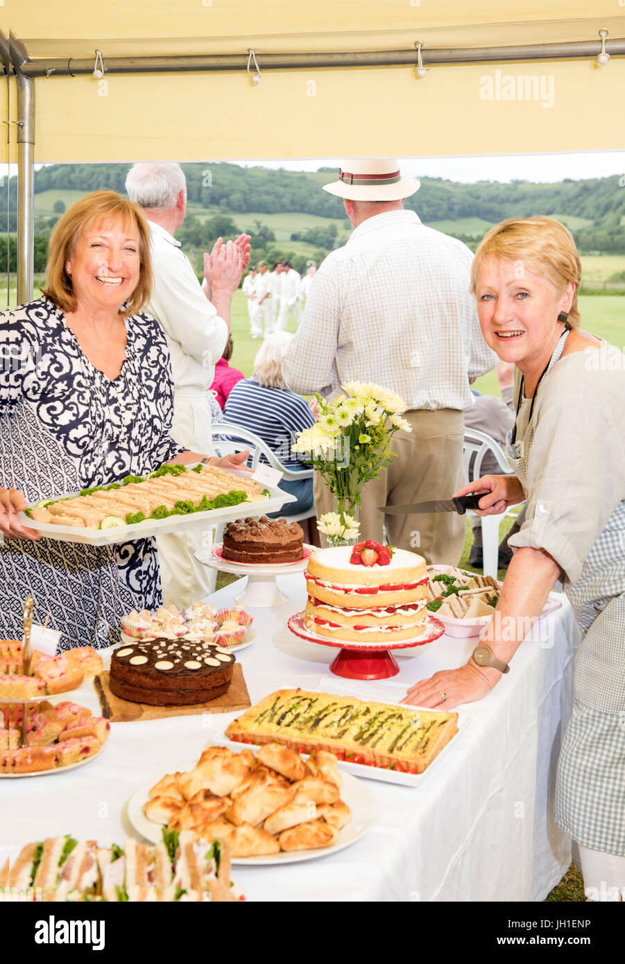 A classic cricket tea at North Nibley Cricket Club, Gloucestershire, UK ...