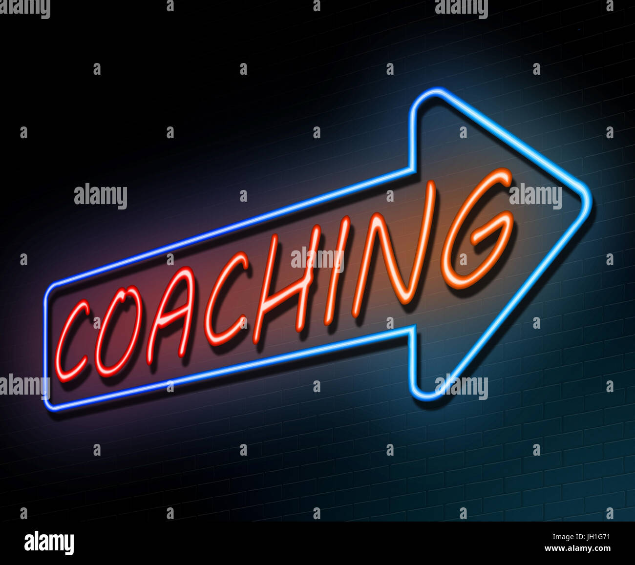 3d Illustration depicting an illuminated neon sign with a coaching ...