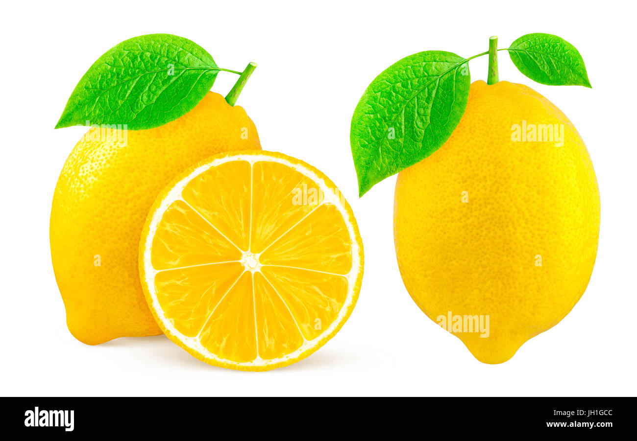 Lemon isolated. One whole lemon fruit and half isolated on white with ...