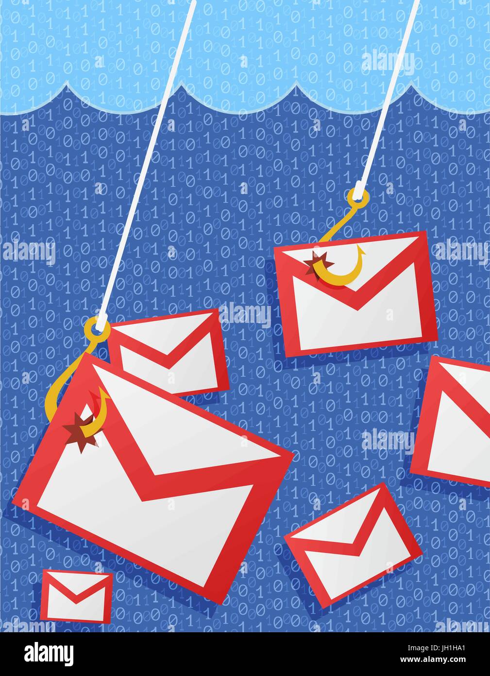 Phishing mail concept with an envelopes caught on a fishing hooks Stock ...