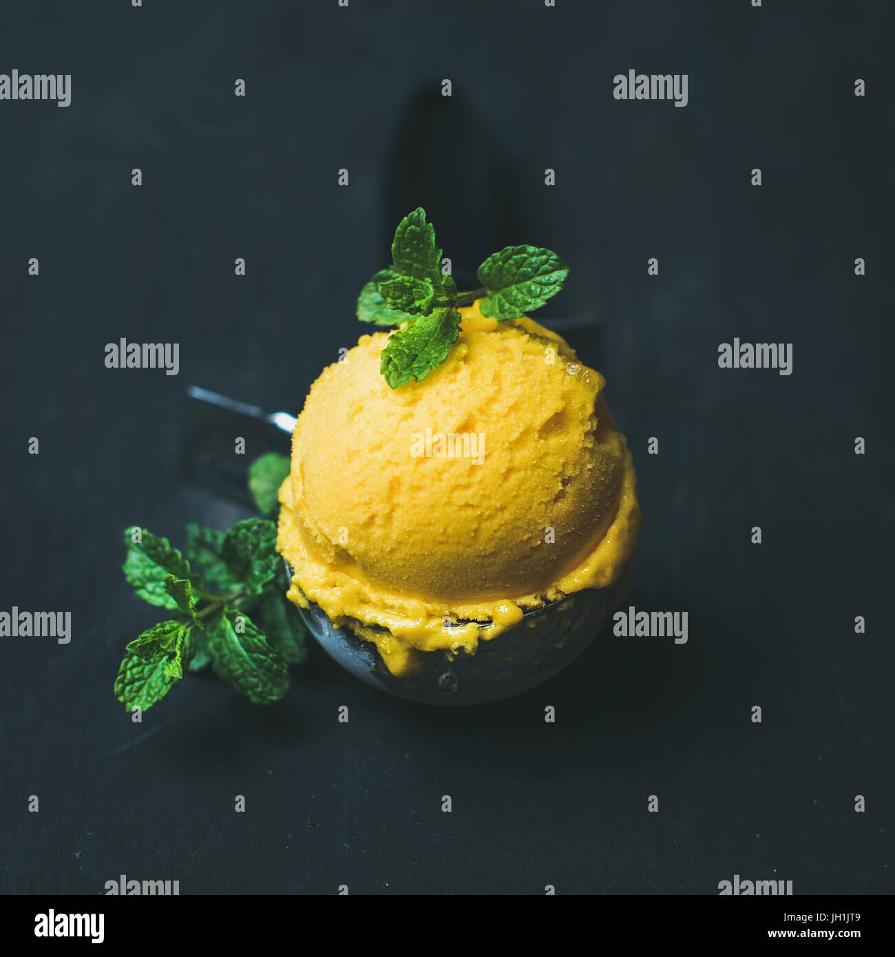 Refreshing Mango sorbet ice-cream scoop in scooper, square crop Stock ...