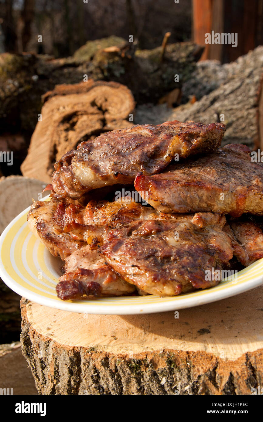 Juicy slices of meat cooked on an open flame grill on big white plate ...