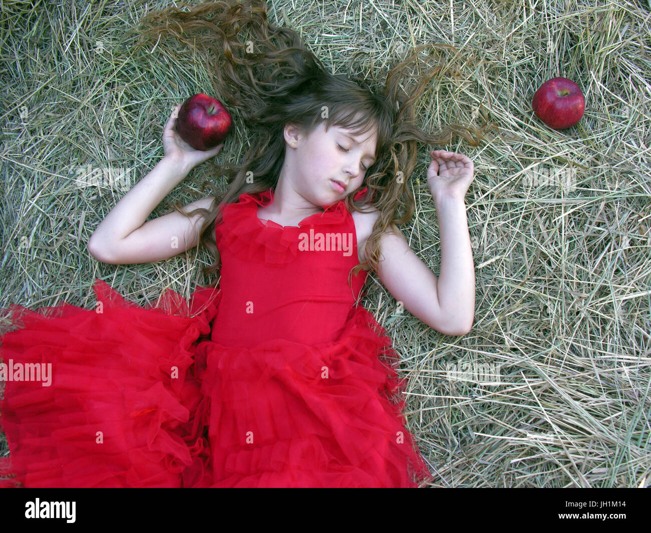 little girl in red dress sleeping on the haystack in summer day Stock ...