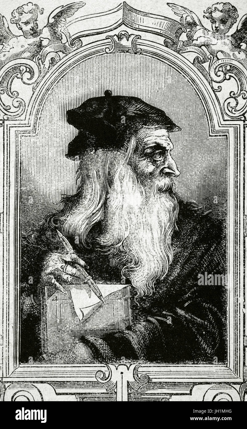 Leonardo da Vinci (1452-1519). Italian artist. Engraving in The Spanish ...