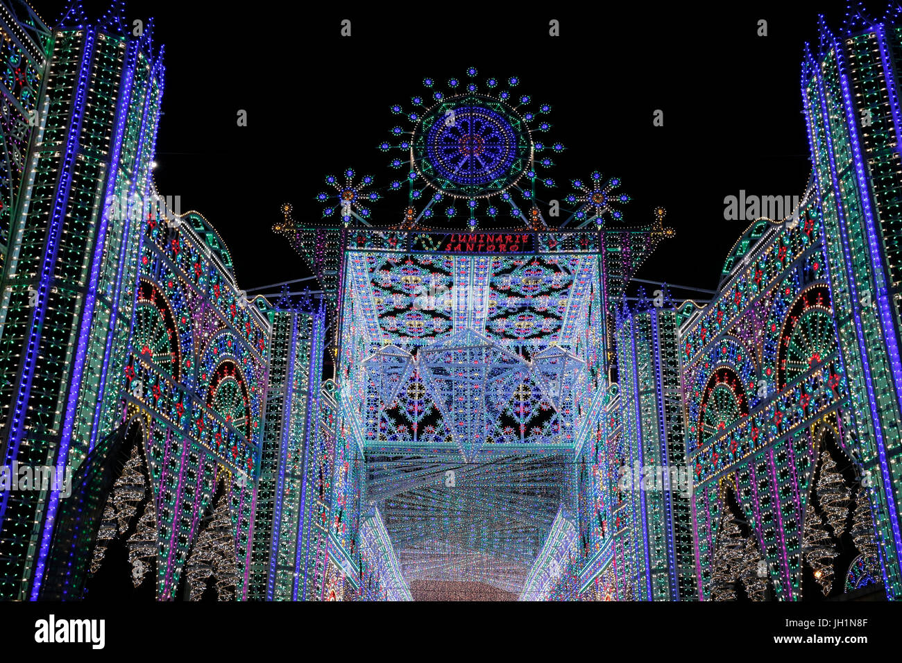 Street lighting during the summer festival in Scorrano, Salento. Italy ...