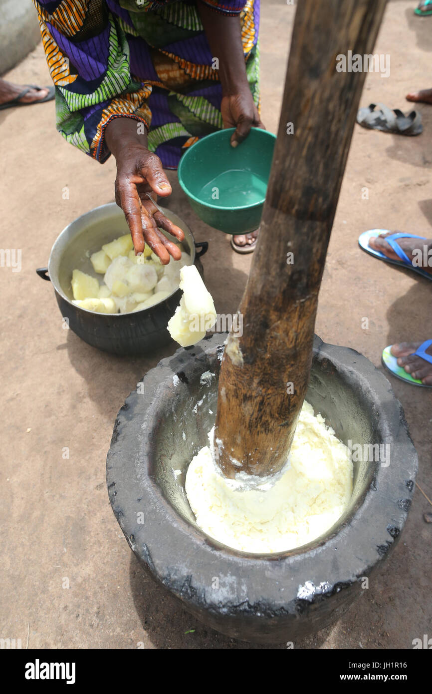 Man ponding cassava in a wooden pot with a stick to make flour. Togo ...