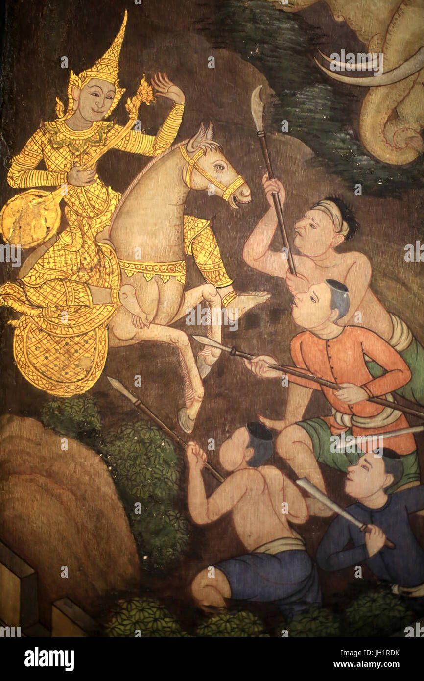 Prince Rama. Mural detail on inner walls of the Vihara from the era of ...