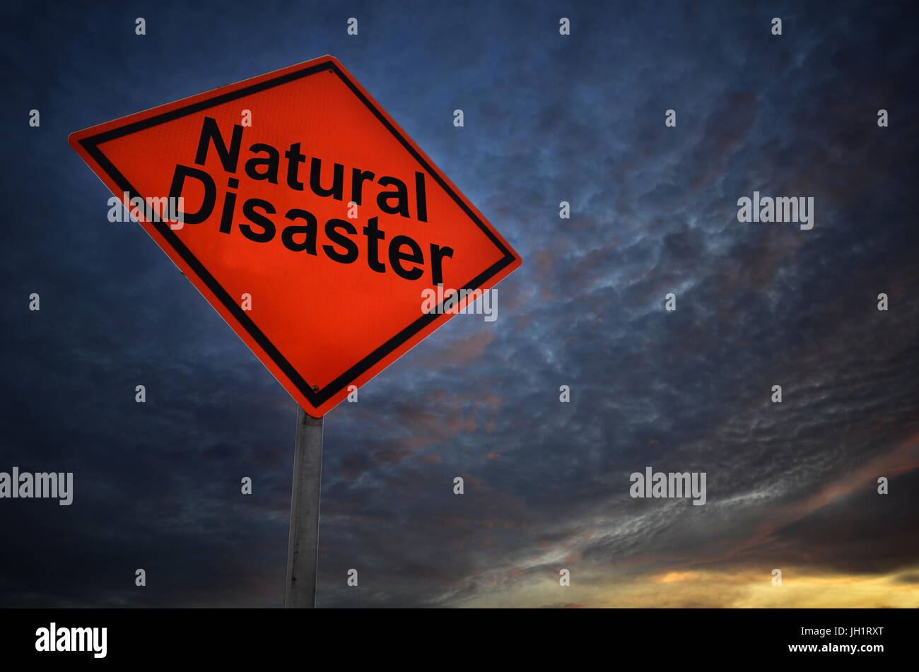 Orange storm road sign of Natural Disaster with dark cloud Stock Photo ...
