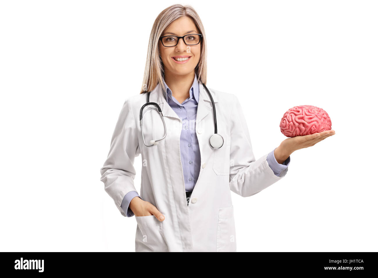 Female doctor holding a brain model isolated on white background Stock ...