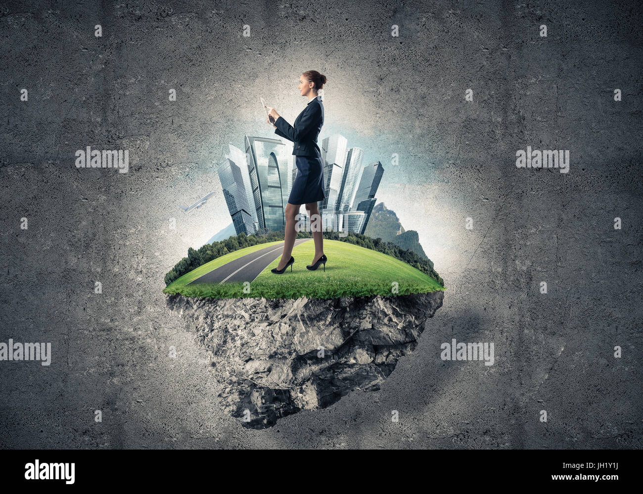 Confident lady boss and modern city as concept of eco green cons Stock ...