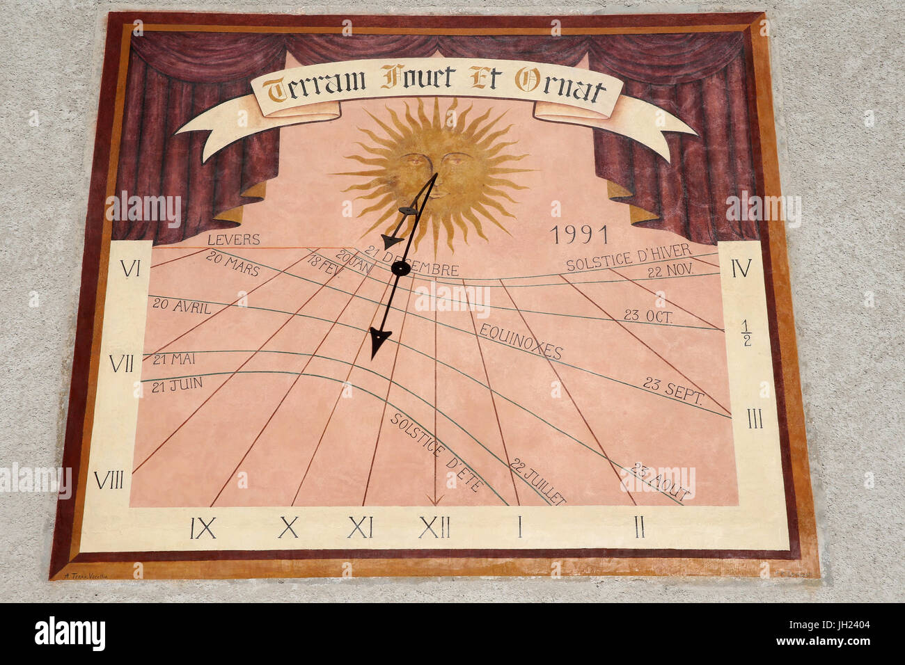 Restoration of Saint Gervais baroque church. Sundial. Paint renovation ...