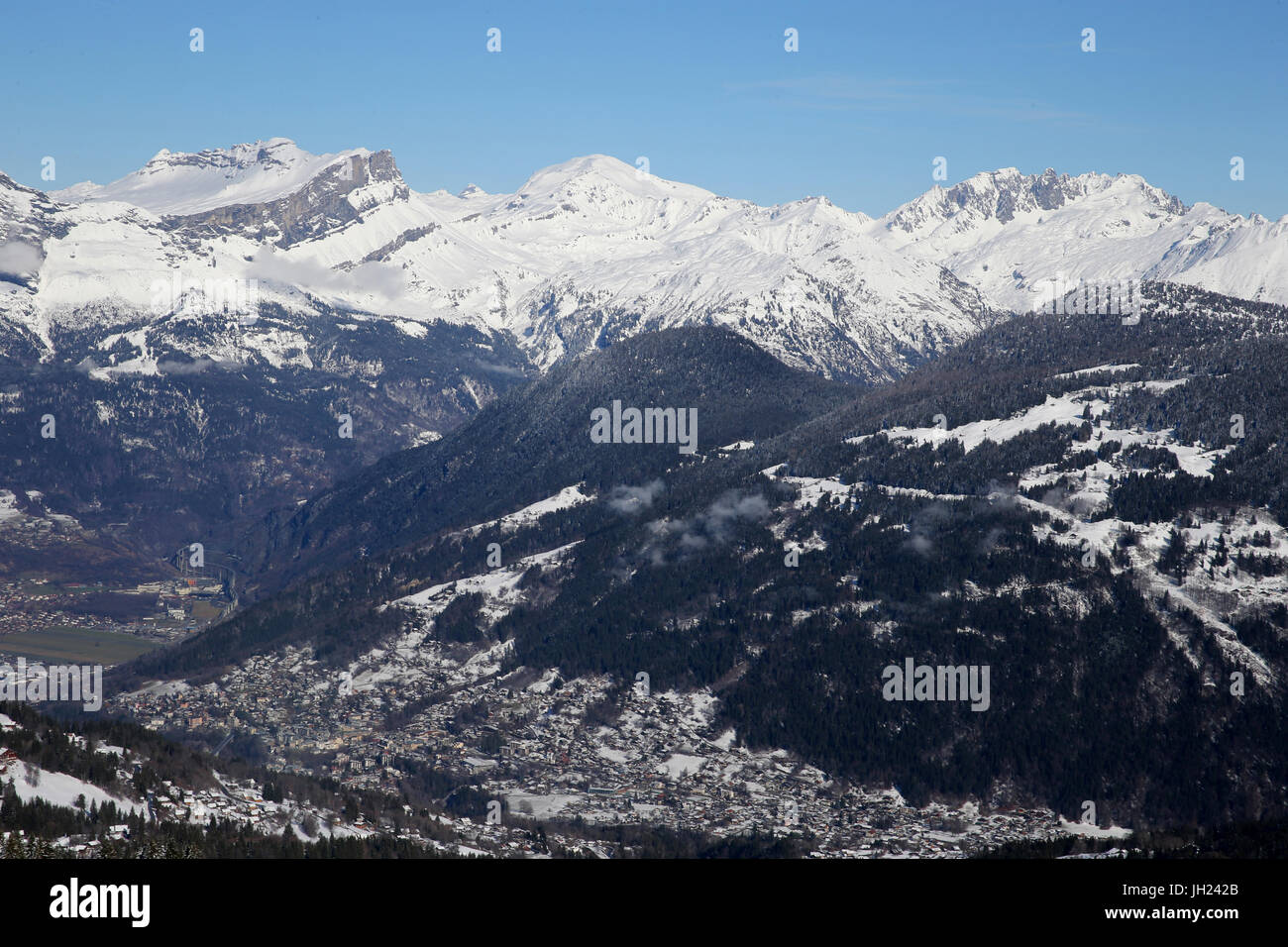 Winter landscape in the Mont Blanc Massif with the vue of Saint-Gervais ...