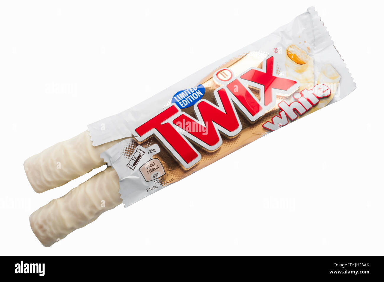 A Limited Edition white chocolate Twix chocolate bar on a white ...