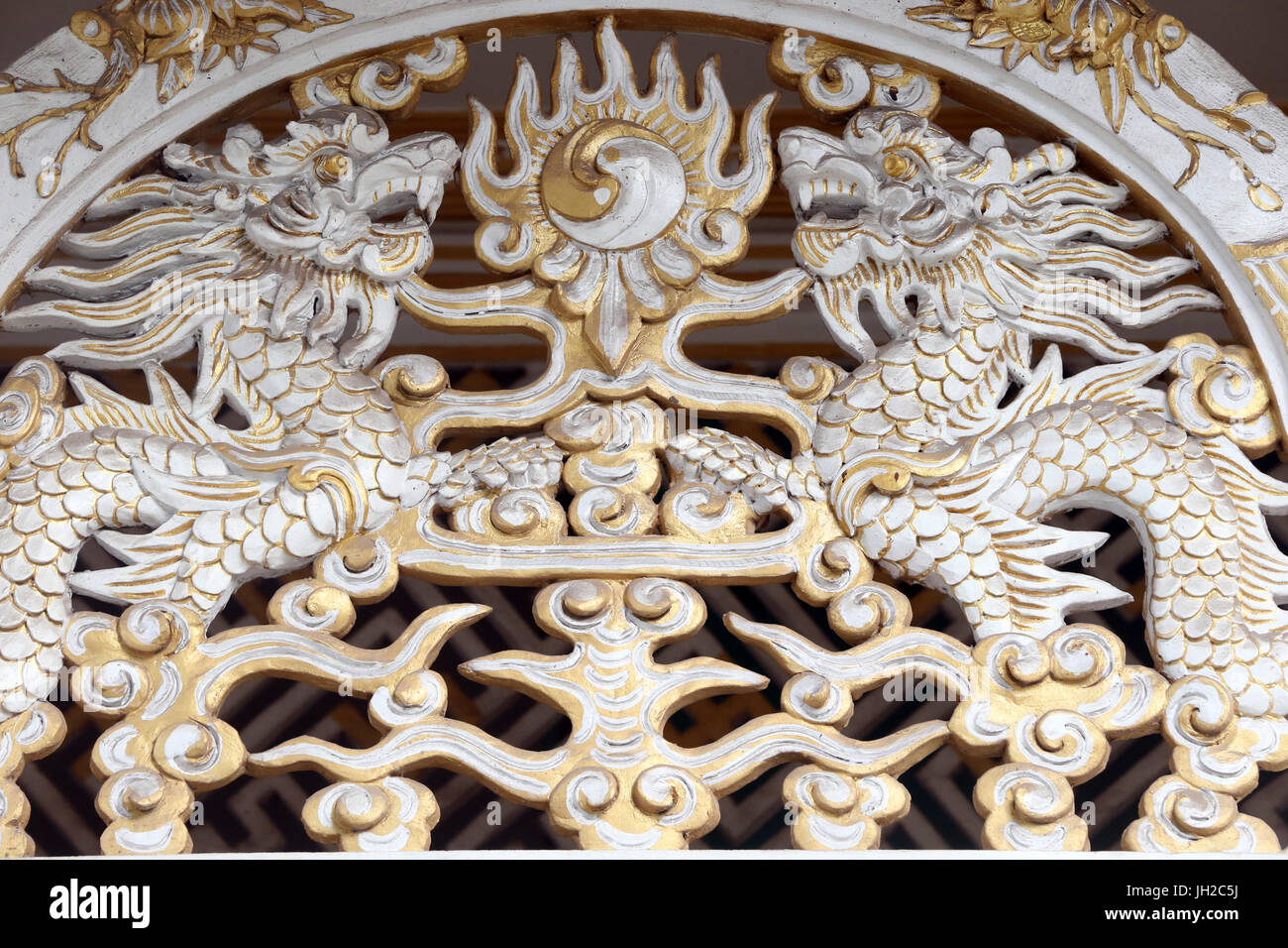 Chua Phat Bao buddhist temple. Yin Yang symbol and dragons. Ho chi Minh ...