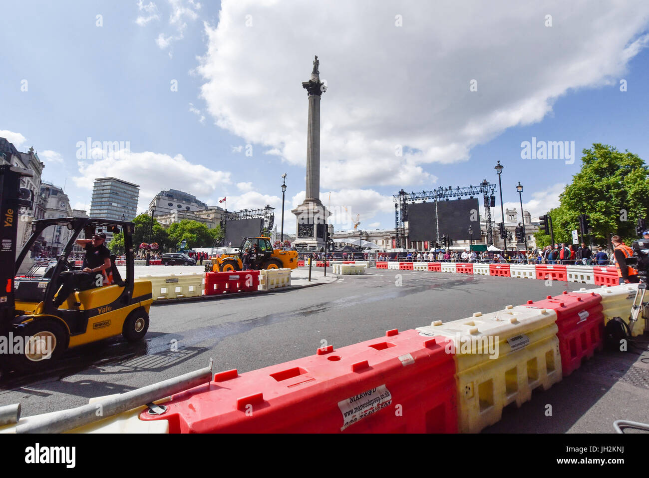 London, UK. 12 July 2017. Safety barriers erected near Trafalgar Square ...