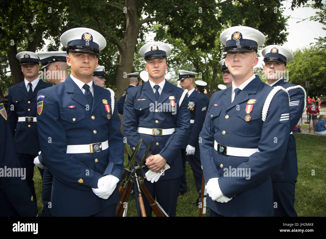 Members of the U.S. Coast Guard Marching Unit prepare to march in the ...
