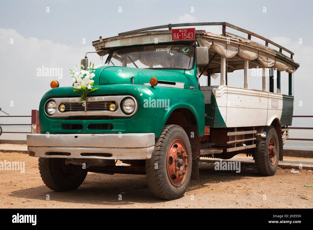 Vintage 1960s Toyota bus still in widespread use today in Myanmar. Mon ...