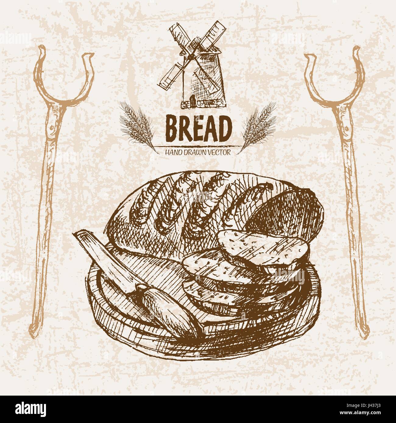 Digital vector detailed line art baked bread and dried wheat hand drawn ...