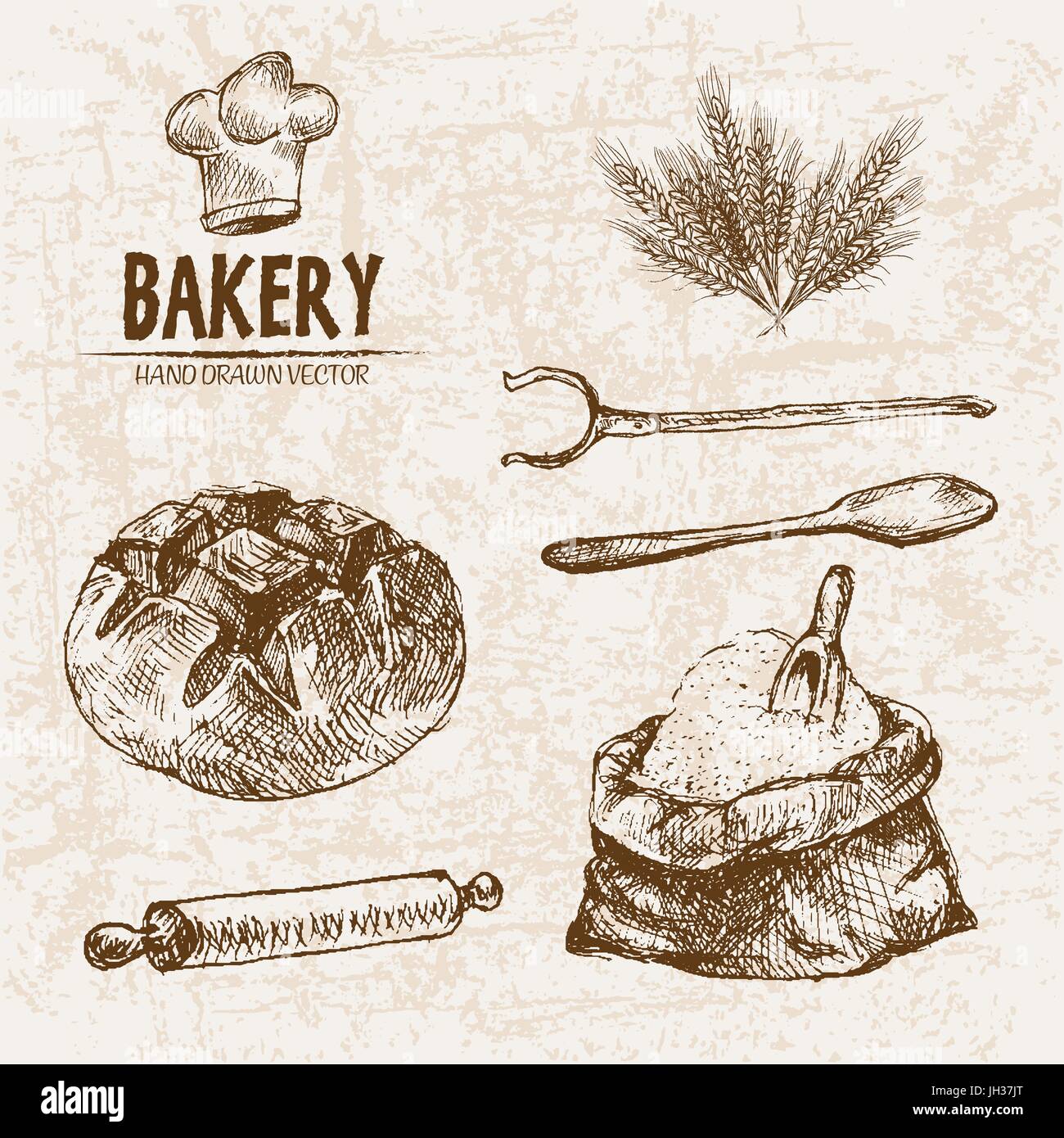 Digital vector detailed line art bakery bread and dried wheat hand ...