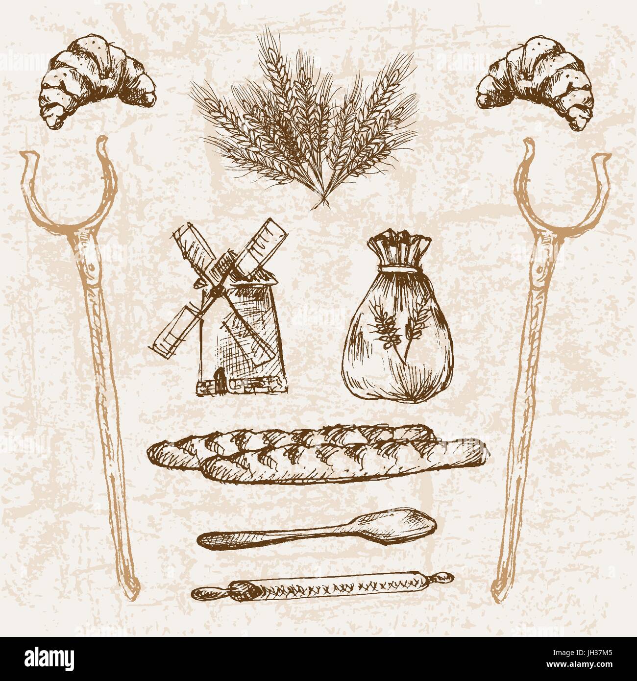 Digital vector detailed line art baked bread and dried wheat hand drawn ...