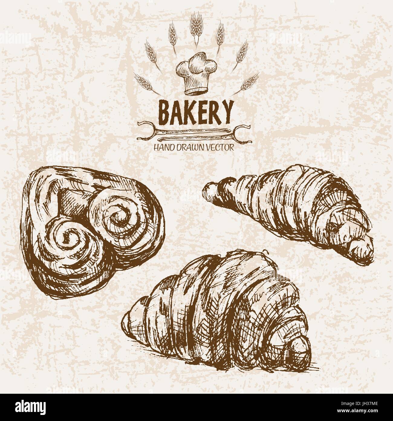 Digital vector detailed line art bakery bread and dried wheat hand ...