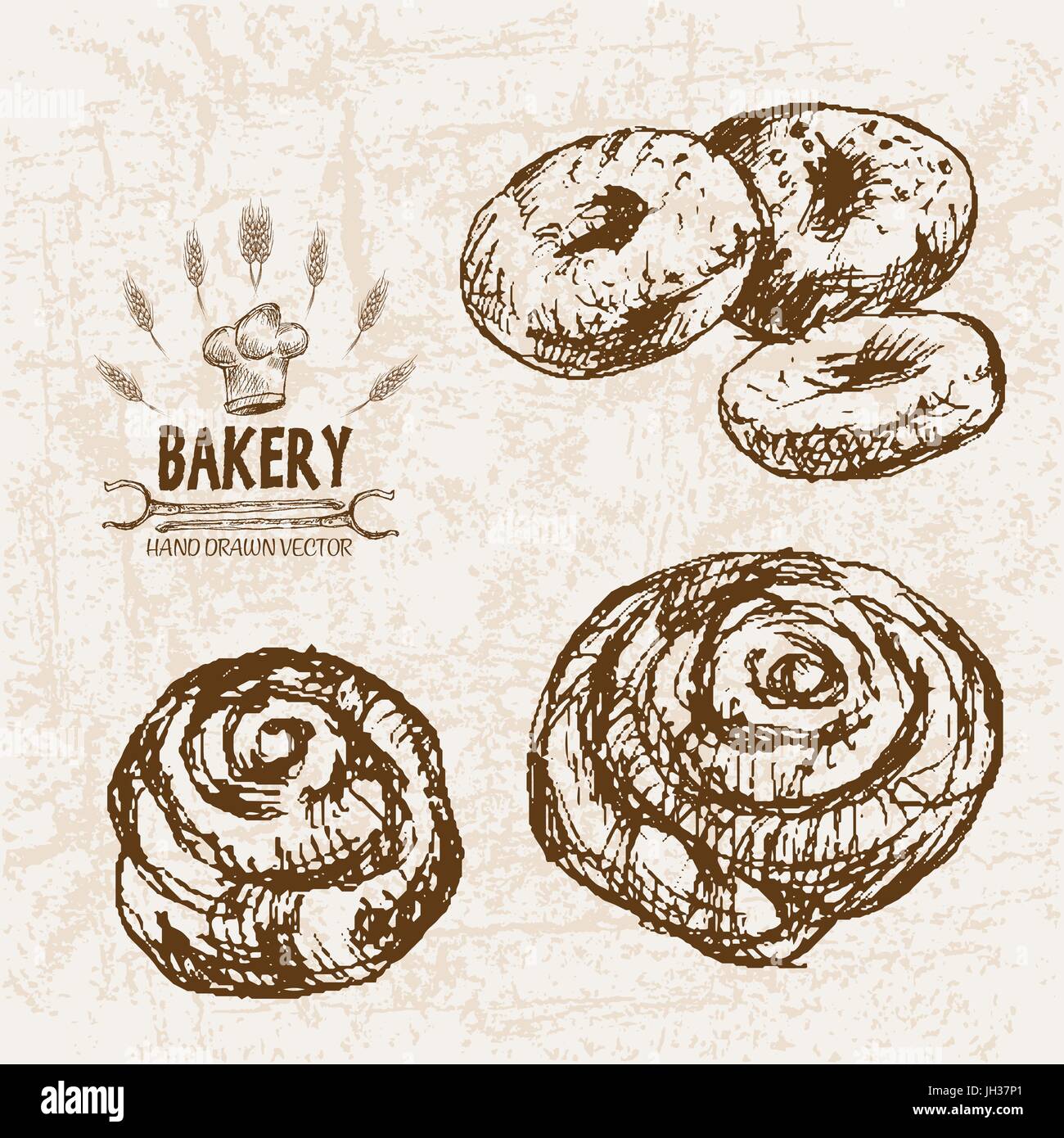 Digital vector detailed line art bakery bread and dried wheat hand ...